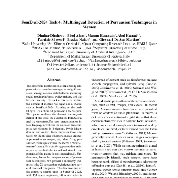 SemEval-2024 Task 4: Multilingual Detection of Persuasion Techniques in Memes - ACL Anthology