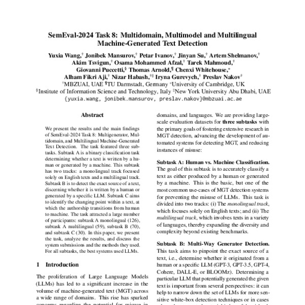 SemEval-2024 Task 8: Multidomain, Multimodel and Multilingual Machine-Generated Text Detection ...