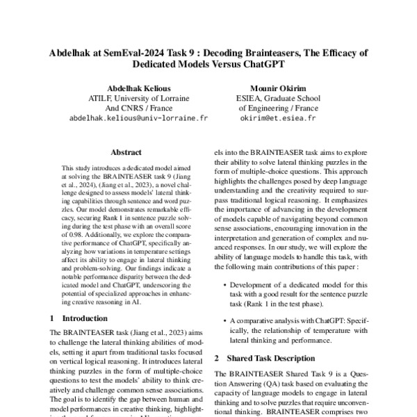 Abdelhak at SemEval-2024 Task 9: Decoding Brainteasers, The Efficacy of Dedicated Models Versus ...