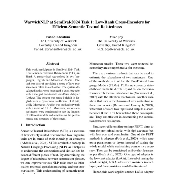 WarwickNLP at SemEval-2024 Task 1: Low-Rank Cross-Encoders for Efficient Semantic Textual ...