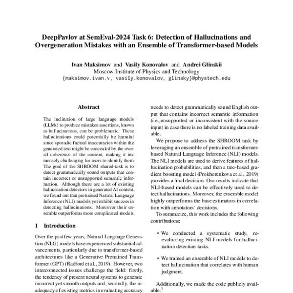 Deeppavlov At Semeval 2024 Task 6 Detection Of Hallucinations And Overgeneration Mistakes With
