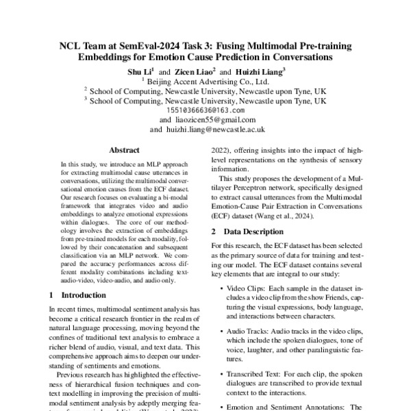 NCL Team at SemEval-2024 Task 3: Fusing Multimodal Pre-training Embeddings for Emotion Cause ...