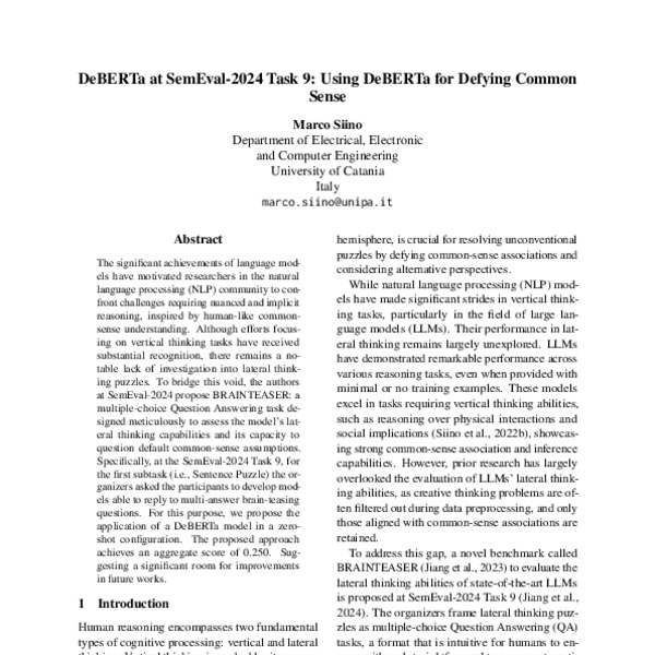 DeBERTa at SemEval-2024 Task 9: Using DeBERTa for Defying Common Sense - ACL Anthology