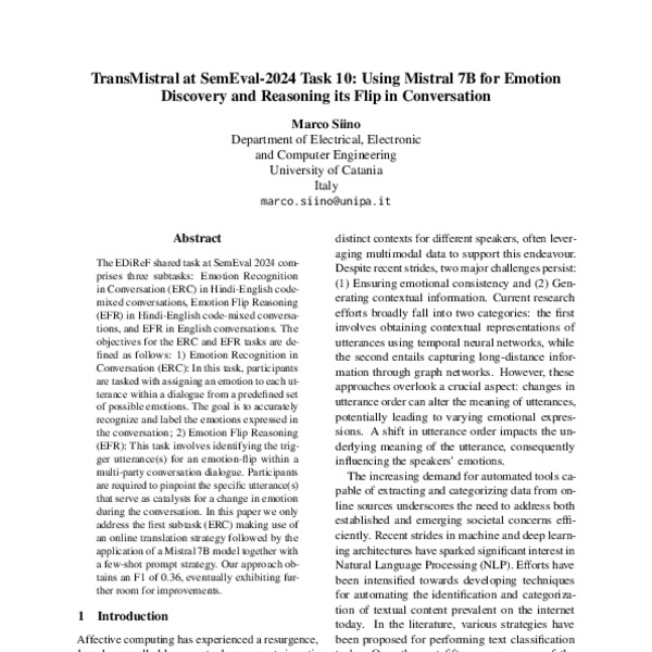 TransMistral at SemEval-2024 Task 10: Using Mistral 7B for Emotion Discovery and Reasoning its ...