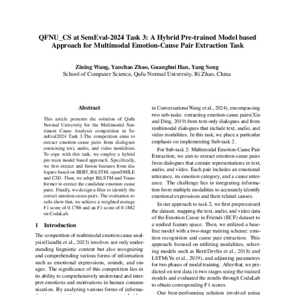 QFNU_CS at SemEval-2024 Task 3: A Hybrid Pre-trained Model based Approach for Multimodal Emotion ...
