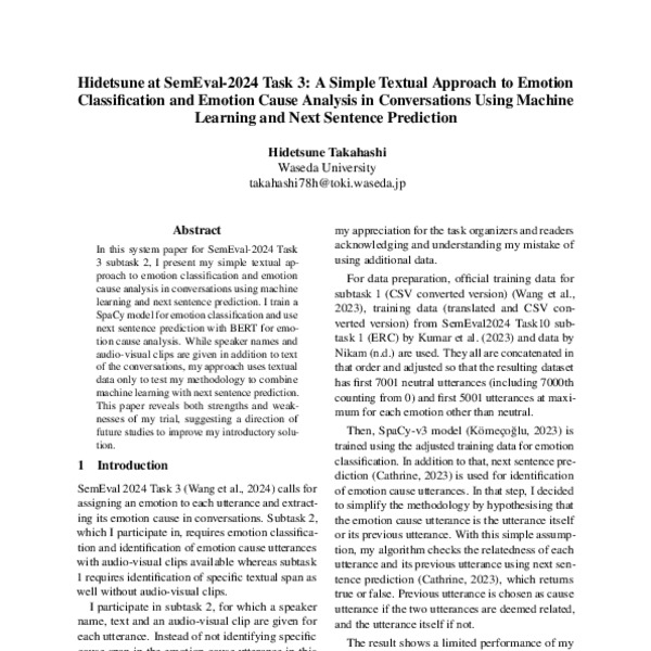 Hidetsune At Semeval 2024 Task 3 A Simple Textual Approach To Emotion Classification And