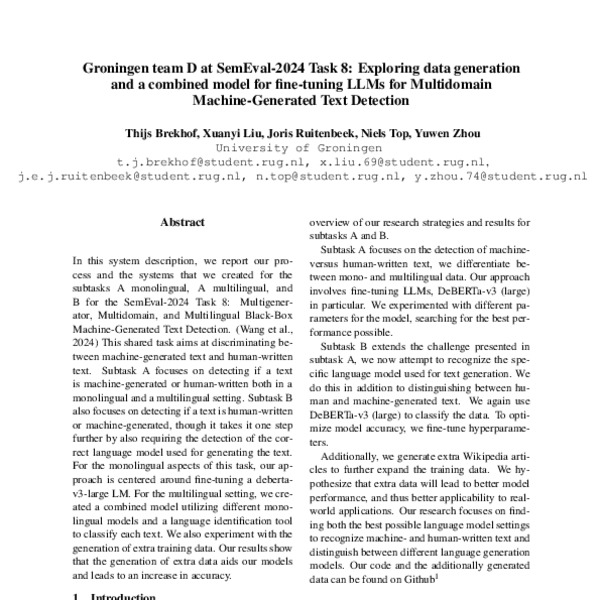 Groningen team D at SemEval-2024 Task 8: Exploring data generation and a combined model for fine ...