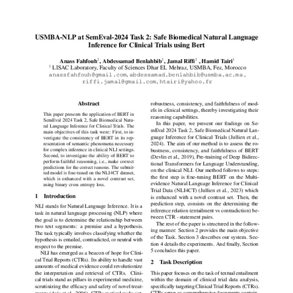 USMBA-NLP at SemEval-2024 Task 2: Safe Biomedical Natural Language Inference for Clinical Trials ...