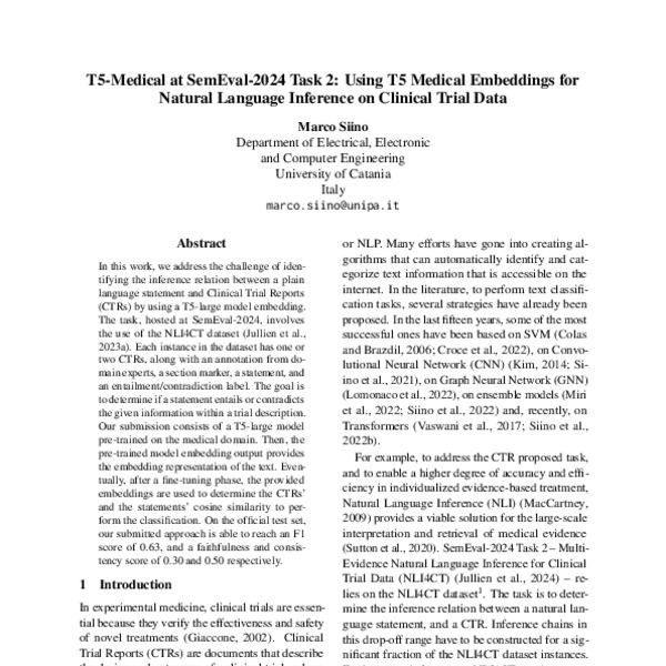 T5-Medical at SemEval-2024 Task 2: Using T5 Medical Embedding for Natural Language Inference on ...