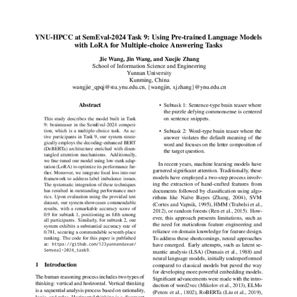 Ynu Hpcc At Semeval 2024 Task 9 Using Pre Trained Language Models With Lora For Multiple Choice