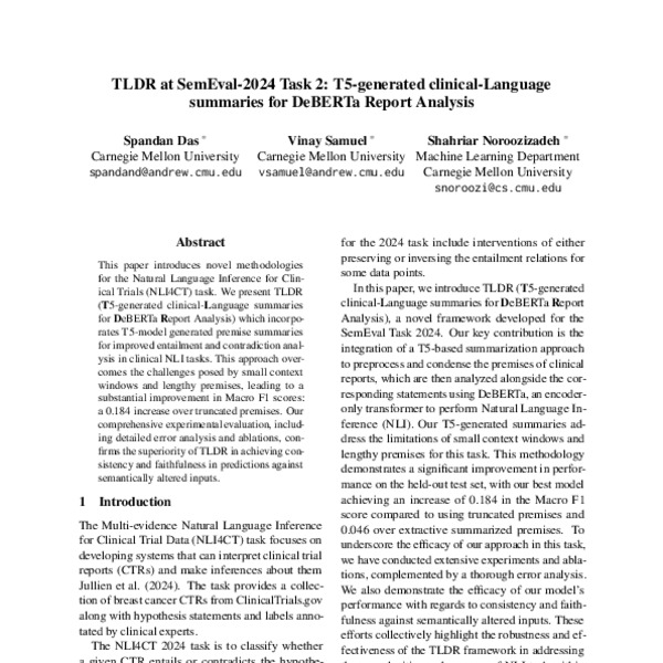 TLDR at SemEval-2024 Task 2: T5-generated clinical-Language summaries for DeBERTa Report ...
