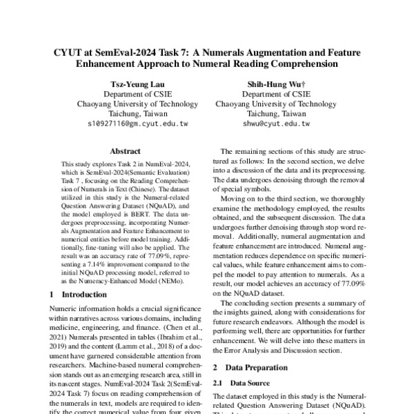 CYUT at SemEval-2024 Task 7: A Numerals Augmentation and Feature Enhancement Approach to Numeral ...