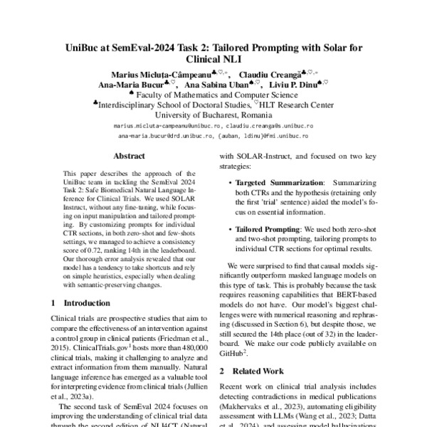 UniBuc at SemEval-2024 Task 2: Tailored Prompting with Solar for Clinical NLI - ACL Anthology