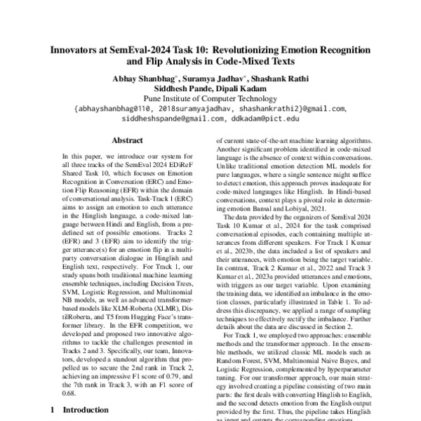 Innovators at SemEval-2024 Task 10: Revolutionizing Emotion Recognition and Flip Analysis in ...