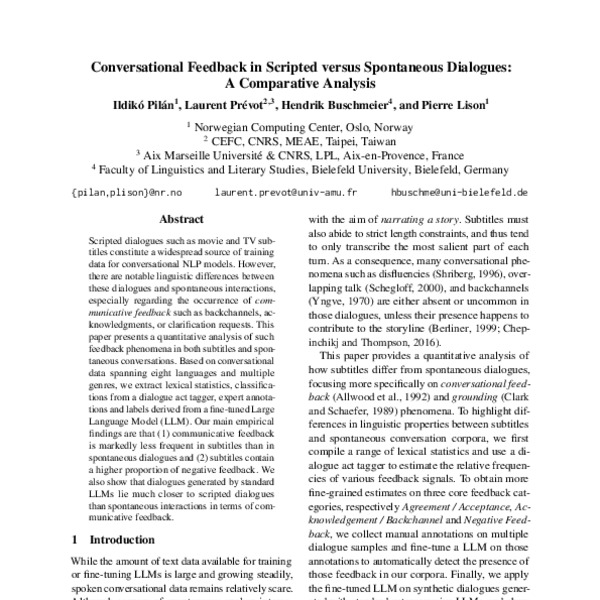 Conversational Feedback in Scripted versus Spontaneous Dialogues: A Comparative Analysis - ACL ...