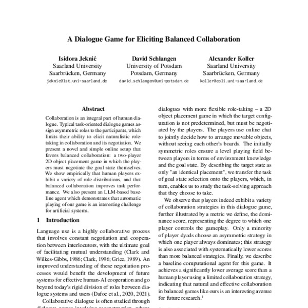 A Dialogue Game for Eliciting Balanced Collaboration - ACL Anthology