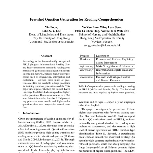 Few-shot Question Generation for Reading Comprehension - ACL Anthology