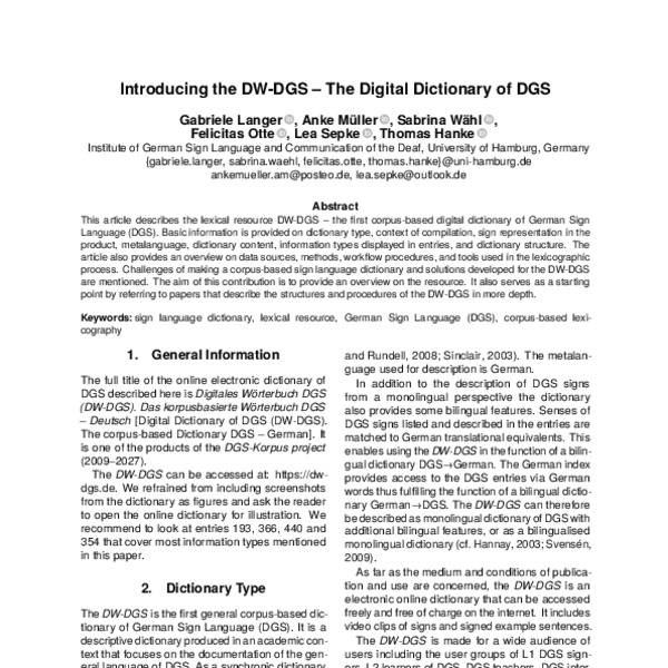 Introducing the DW-DGS – The Digital Dictionary of DGS - ACL Anthology