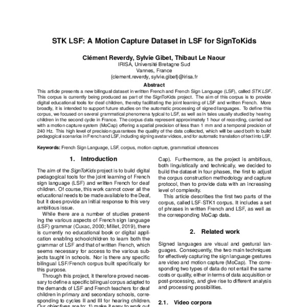 STK LSF: A Motion Capture Dataset in LSF for SignToKids - ACL Anthology