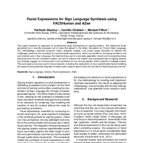 Facial Expressions for Sign Language Synthesis using FACSHuman and AZee ...