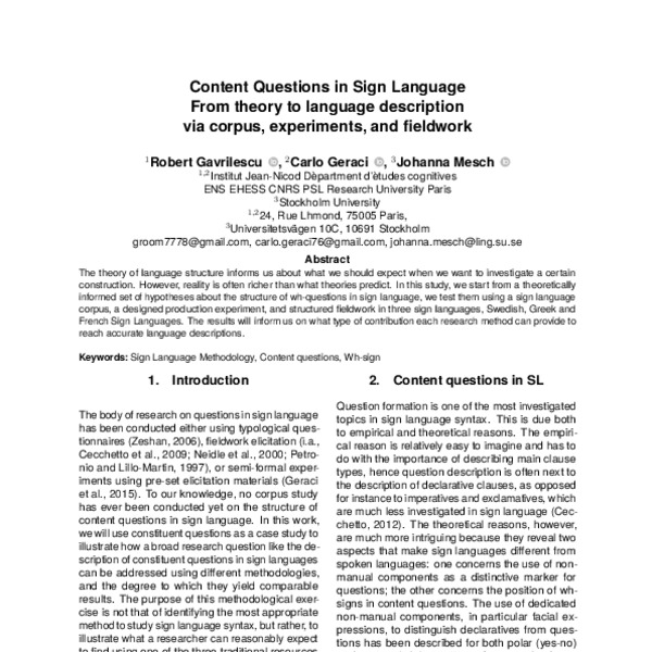 Content Questions in Sign Language – From theory to language description via corpus, experiments ...