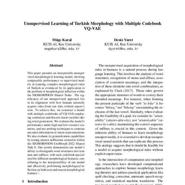 Unsupervised Learning Of Turkish Morphology With Multiple Codebook Vq