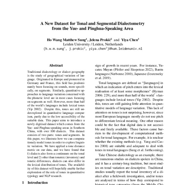 A New Dataset for Tonal and Segmental Dialectometry from the Yue- and Pinghua-Speaking Area ...
