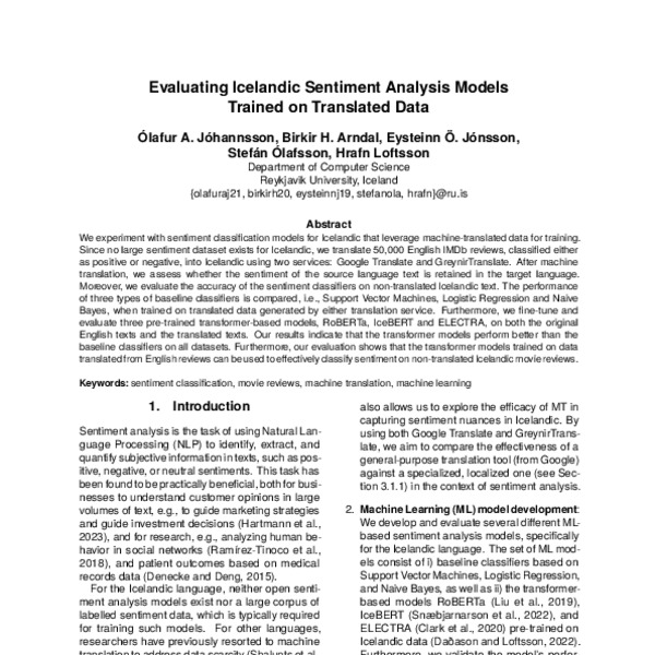 Evaluating Icelandic Sentiment Analysis Models Trained on Translated Data - ACL Anthology