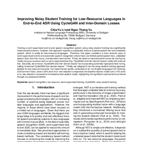 Improving Noisy Student Training for Low-resource Languages in End-to-End ASR Using CycleGAN and ...