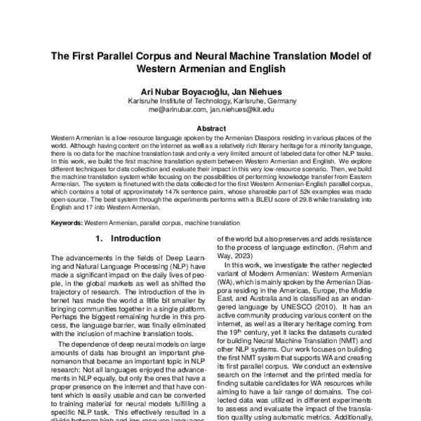 The First Parallel Corpus and Neural Machine Translation Model of Western Armenian and English ...
