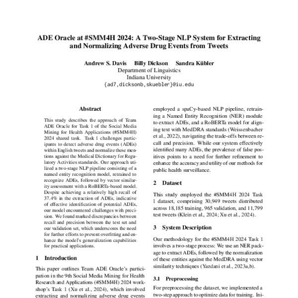 ADE Oracle at #SMM4H 2024: A Two-Stage NLP System for Extracting and ...