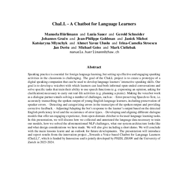 ChaLL - A Chatbot for Language Learners - ACL Anthology