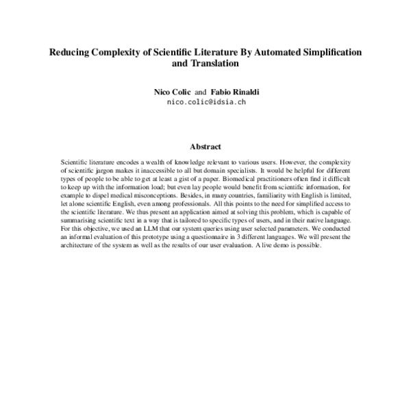 Reducing Complexity Of Scientific Literature By Automated Simplification And Translation Acl