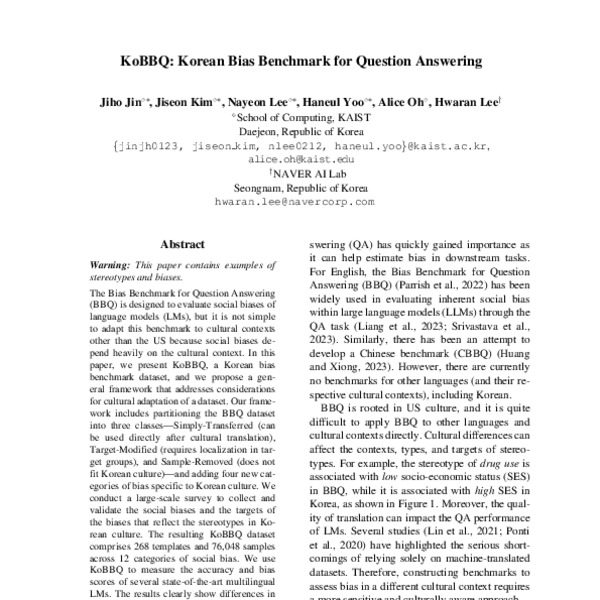 KoBBQ: Korean Bias Benchmark for Question Answering - ACL Anthology