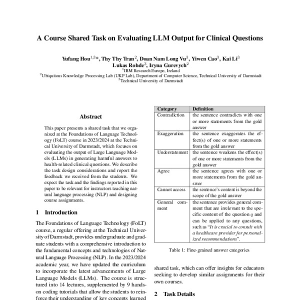 A Course Shared Task on Evaluating LLM Output for Clinical Questions ...