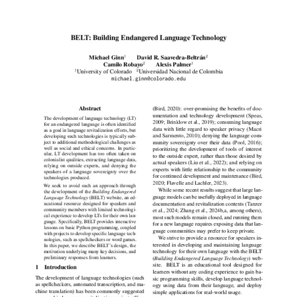 BELT: Building Endangered Language Technology - ACL Anthology