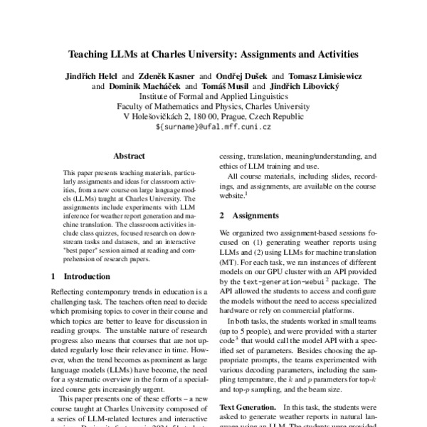 Teaching LLMs at Charles University: Assignments and Activities - ACL ...