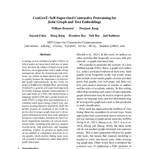 ConGraT: Self-Supervised Contrastive Pretraining for Joint Graph and Text Embeddings - ACL Anthology