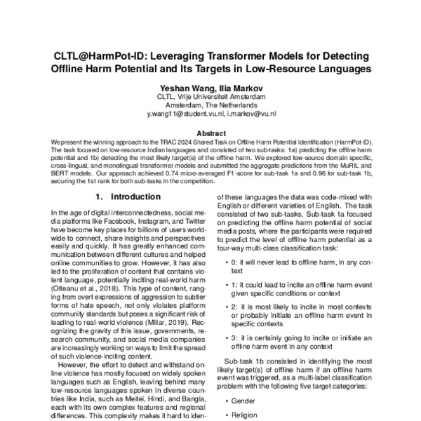 CLTL@HarmPot-ID: Leveraging Transformer Models for Detecting Offline ...
