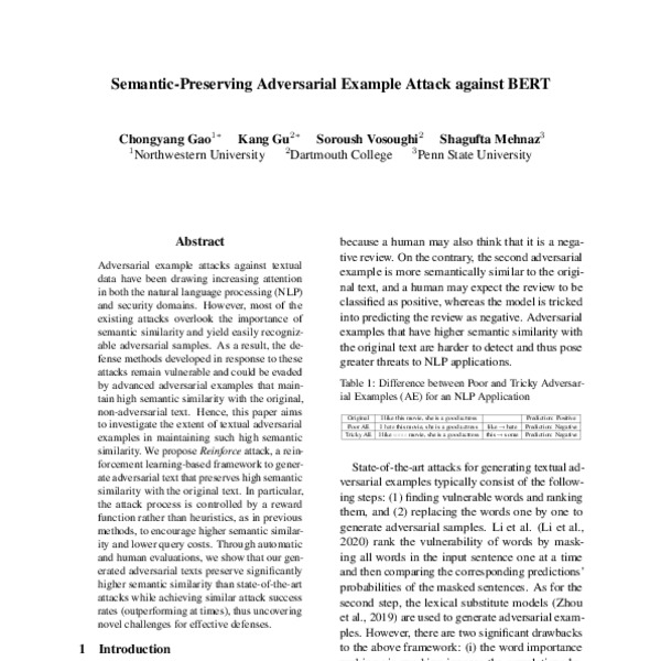 Semantic-Preserving Adversarial Example Attack against BERT - ACL Anthology
