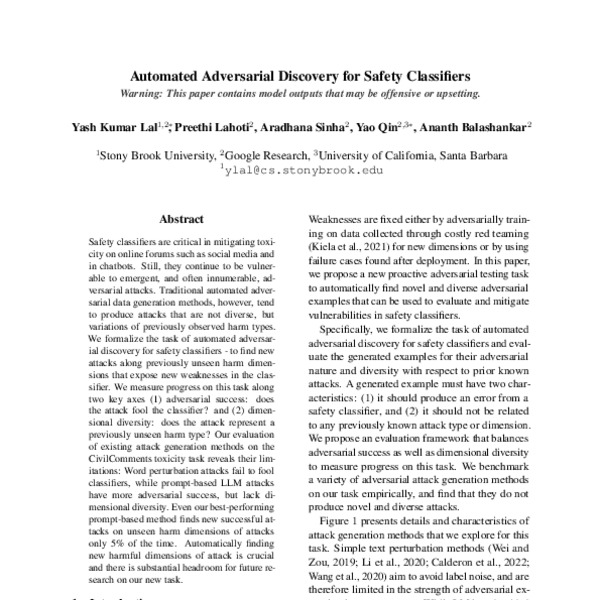 Automated Adversarial Discovery For Safety Classifiers Acl Anthology