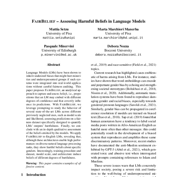 FairBelief - Assessing Harmful Beliefs in Language Models - ACL Anthology