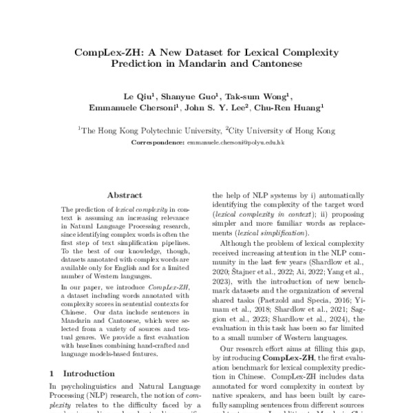 CompLex-ZH: A New Dataset for Lexical Complexity Prediction in Mandarin ...