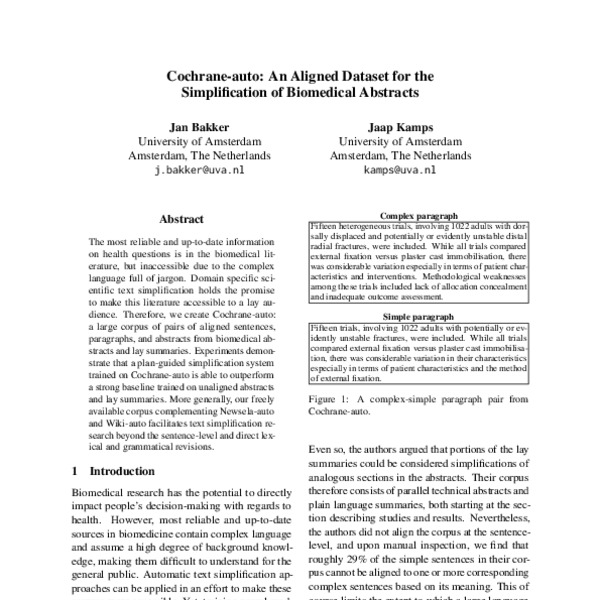Cochrane-auto: An Aligned Dataset for the Simplification of Biomedical ...