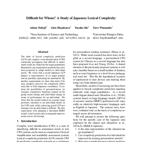 Difficult for Whom? A Study of Japanese Lexical Complexity - ACL Anthology
