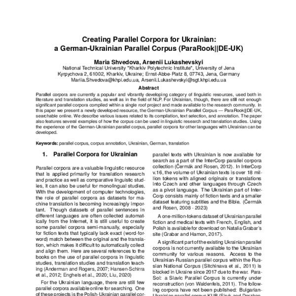 Creating Parallel Corpora for Ukrainian: A German-Ukrainian Parallel Corpus (ParaRook||DE-UK ...