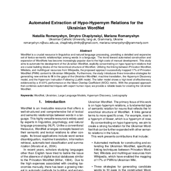 Automated Extraction of Hypo-Hypernym Relations for the Ukrainian WordNet - ACL Anthology