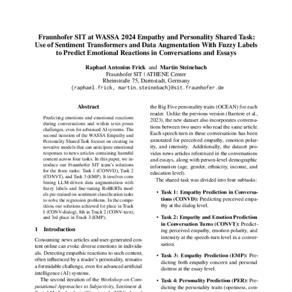 Fraunhofer SIT at WASSA 2024 Empathy and Personality Shared Task: Use of Sentiment Transformers ...