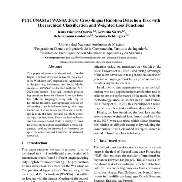 PCICUNAM at WASSA 2024: Cross-lingual Emotion Detection Task with Hierarchical Classification ...