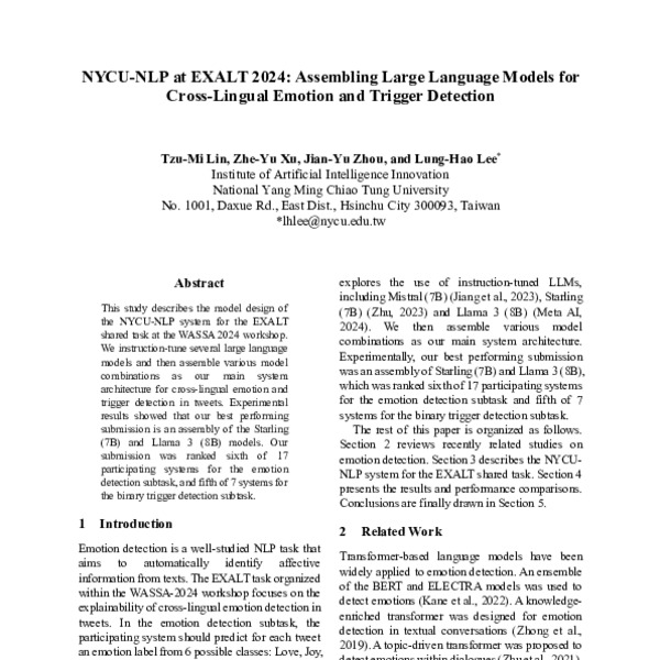 NYCU-NLP at EXALT 2024: Assembling Large Language Models for Cross-Lingual Emotion and Trigger ...